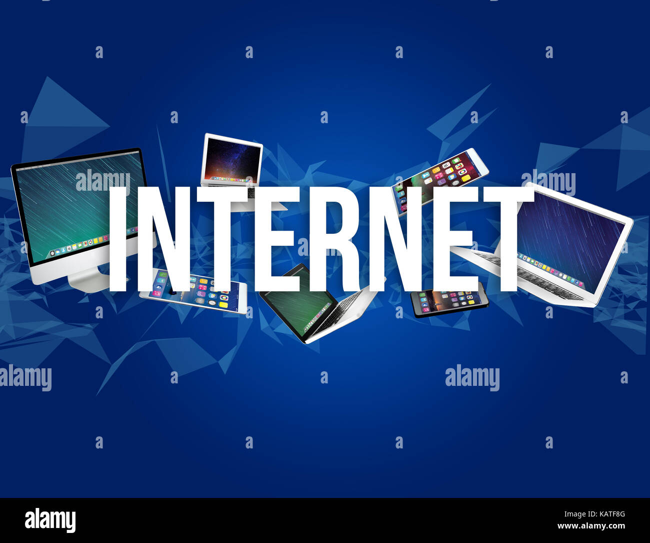 View of a Internet title surounded by device like smartphone, tablet or ...