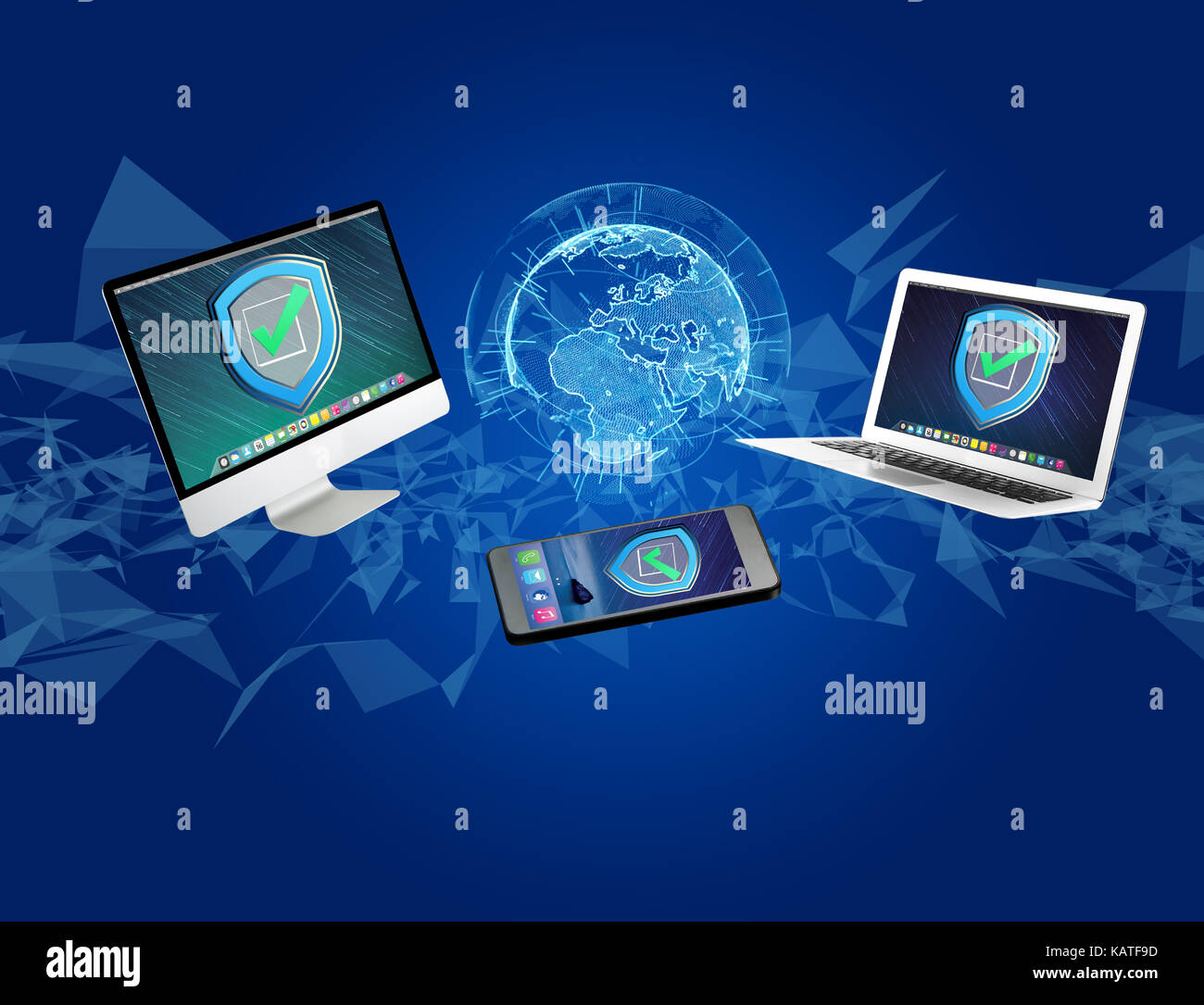 View of a Security shield symbol over a network connection of different ...