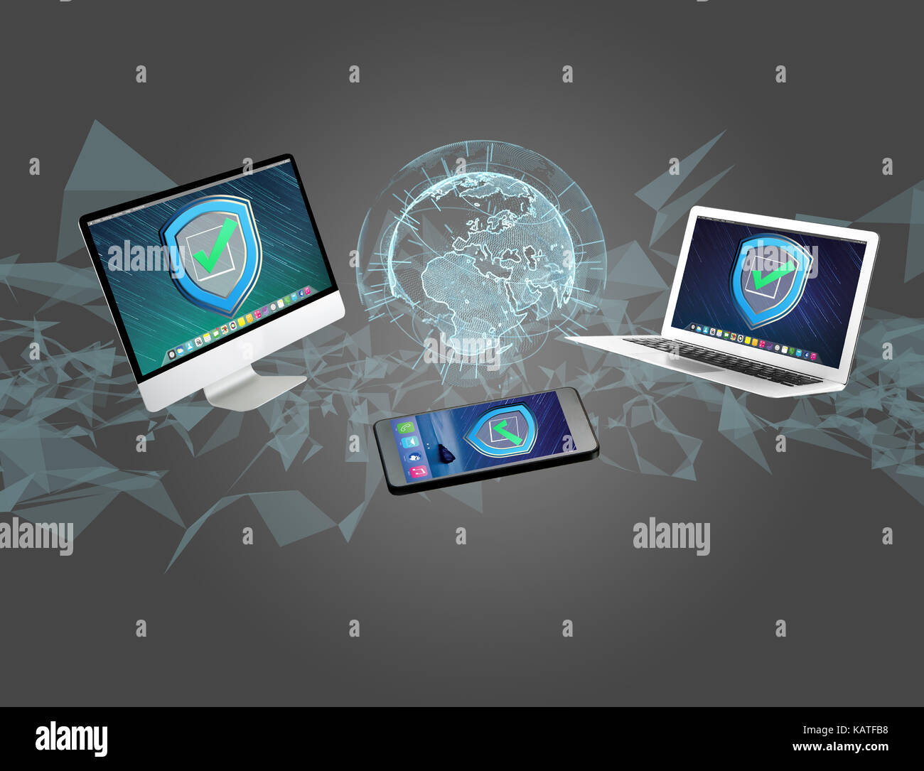 View of a Security shield symbol over a network connection of different ...