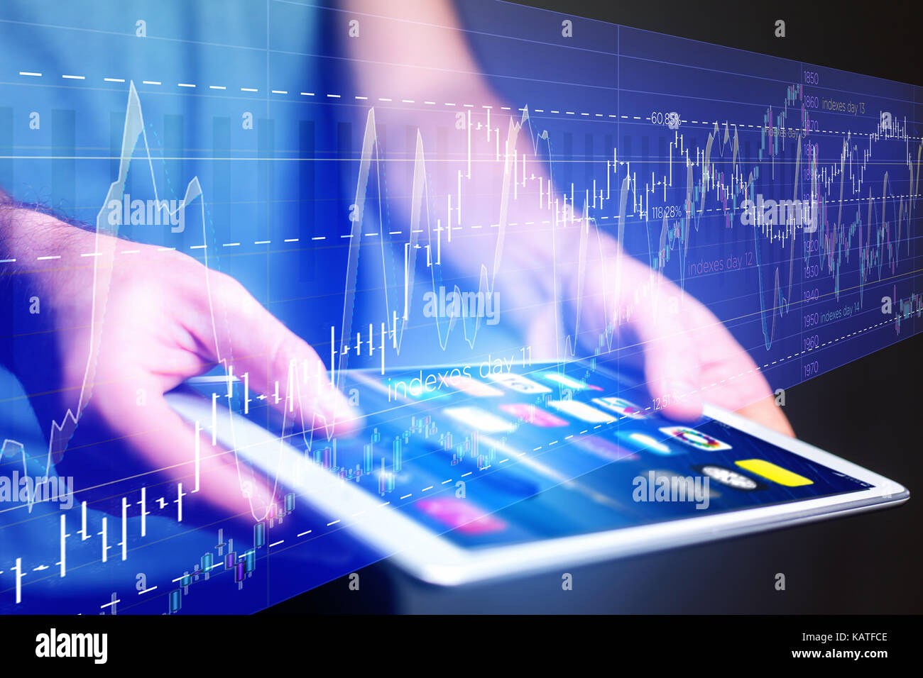 View of a Stock exchange trading data information going out the tablet ...