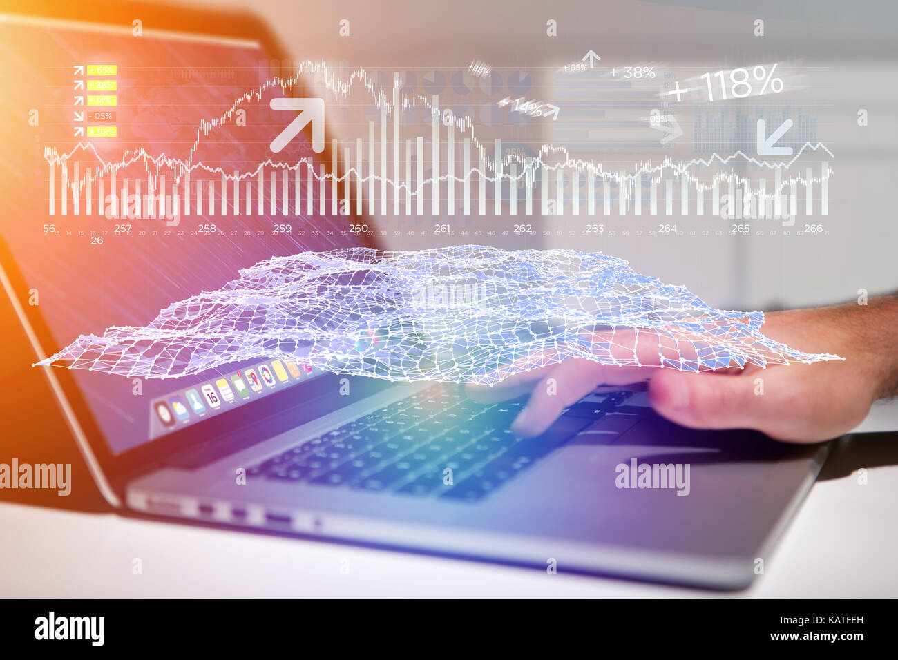 View of a Trading forex data interface on a futuristic laptop interface ...