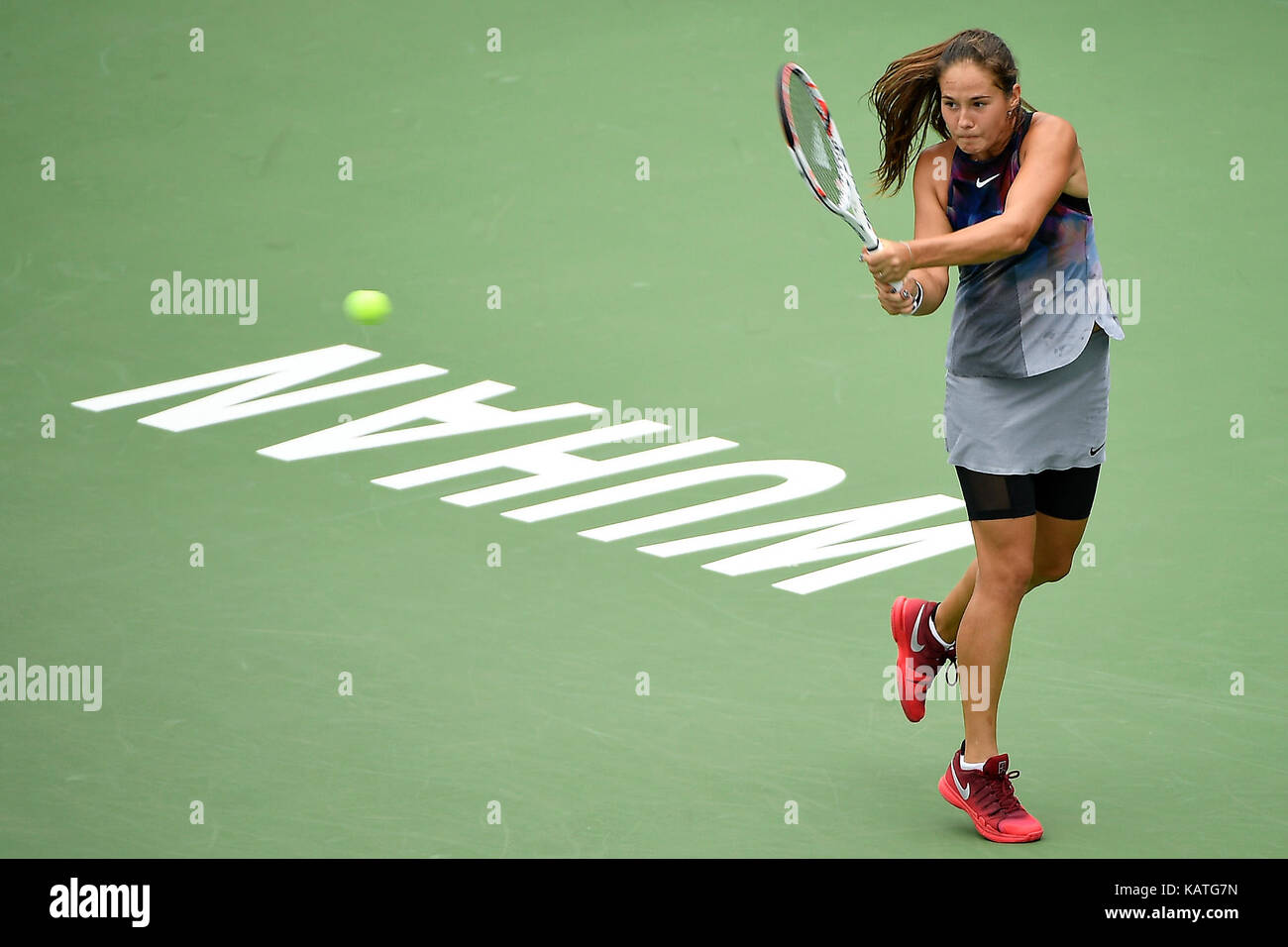 Wuhan, China. 27th Sep, 2017. Daria Kasatkina of Russia returns the ...