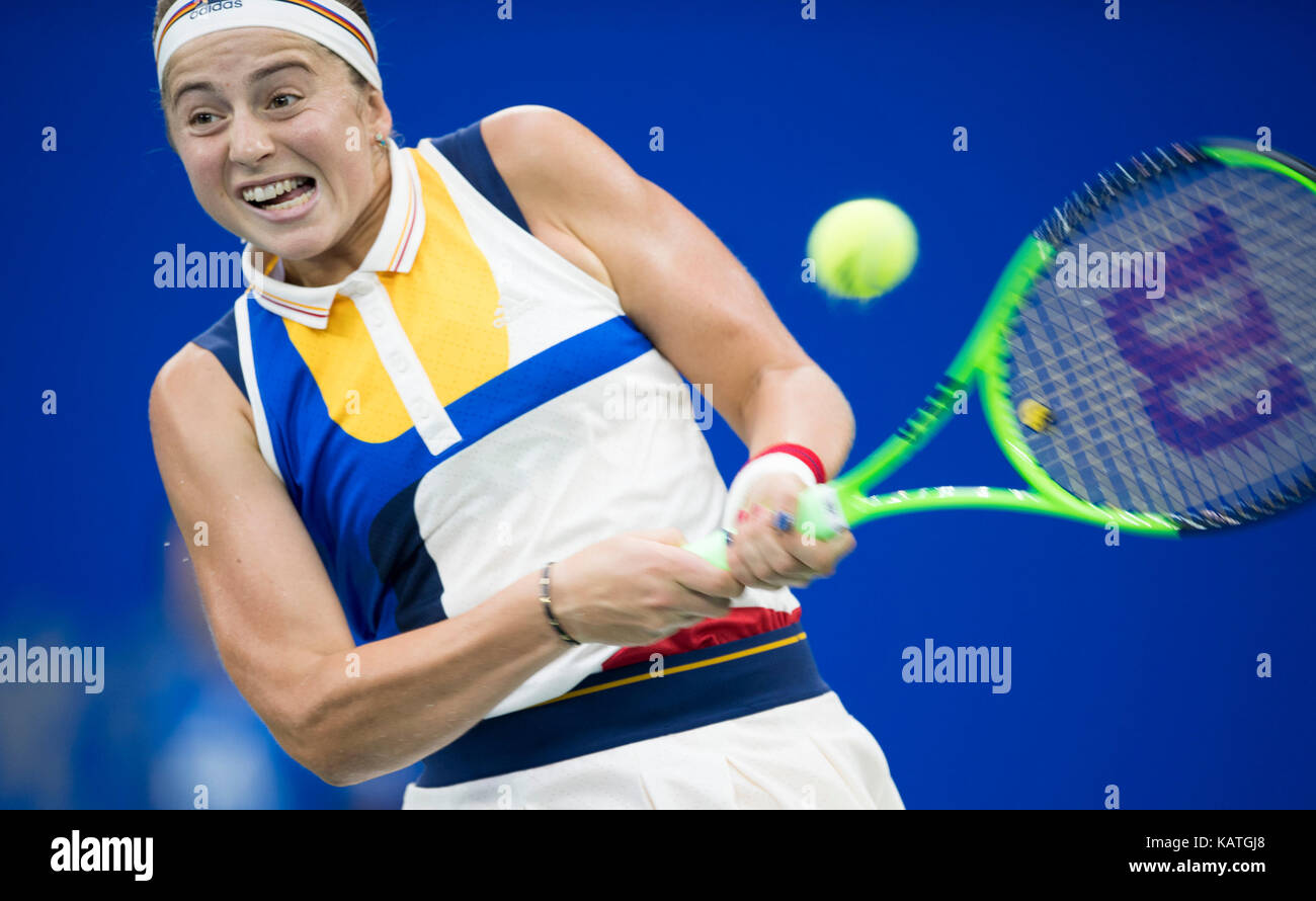 Wuhan, China. 27th Sep, 2017. Jelena Ostapenko of Latvia returns the ...