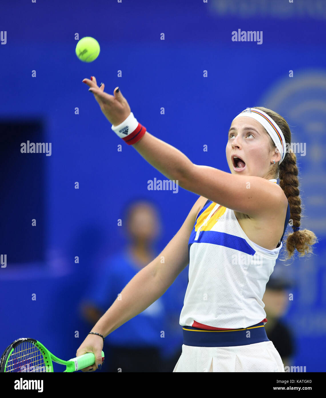 Wuhan, China. 27th Sep, 2017. Jelena Ostapenko of Latvia serves during ...