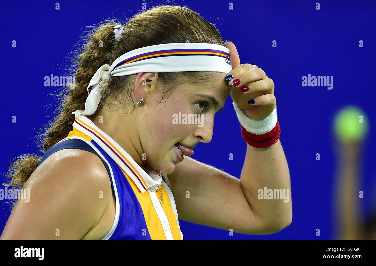 Wuhan, China. 27th Sep, 2017. Jelena Ostapenko of Latvia reacts during ...