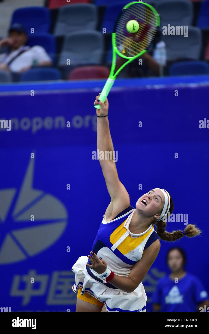 Wuhan, China. 27th Sep, 2017. Jelena Ostapenko of Latvia serves during ...
