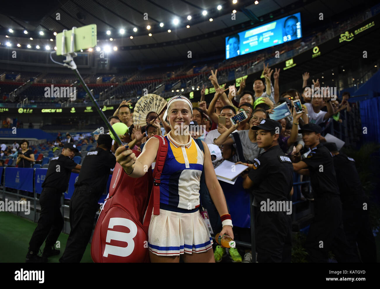 Wuhan, China. 27th Sep, 2017. Jelena Ostapenko of Latvia takes selfie ...
