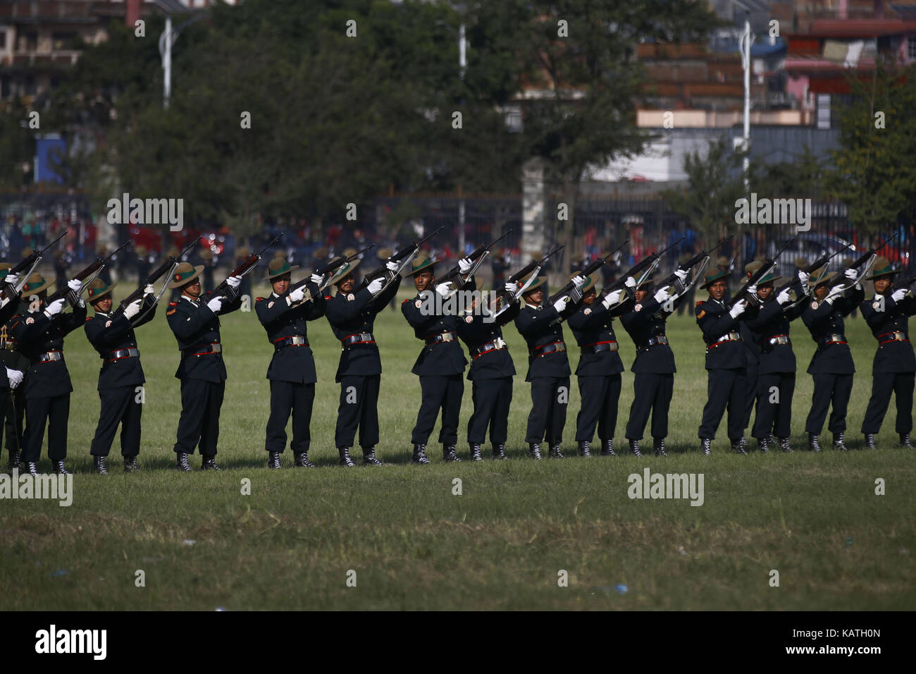 Kathmandu, Nepal. 27th Sep, 2017. Nepalese Army soldiers fire gun ...
