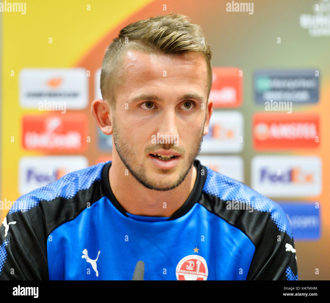 Pilsen, Czech Republic. 27th Sep, 2017. Tomas Pekhart of Hapoel speaks ...