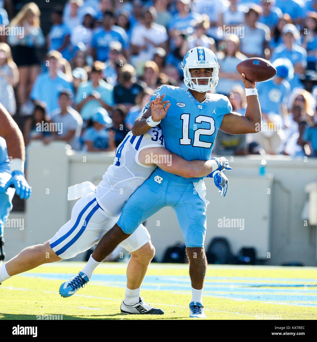 Chapel Hill, NC, USA. 25th Sep, 2017. Ben Humphreys (34) of the Duke ...