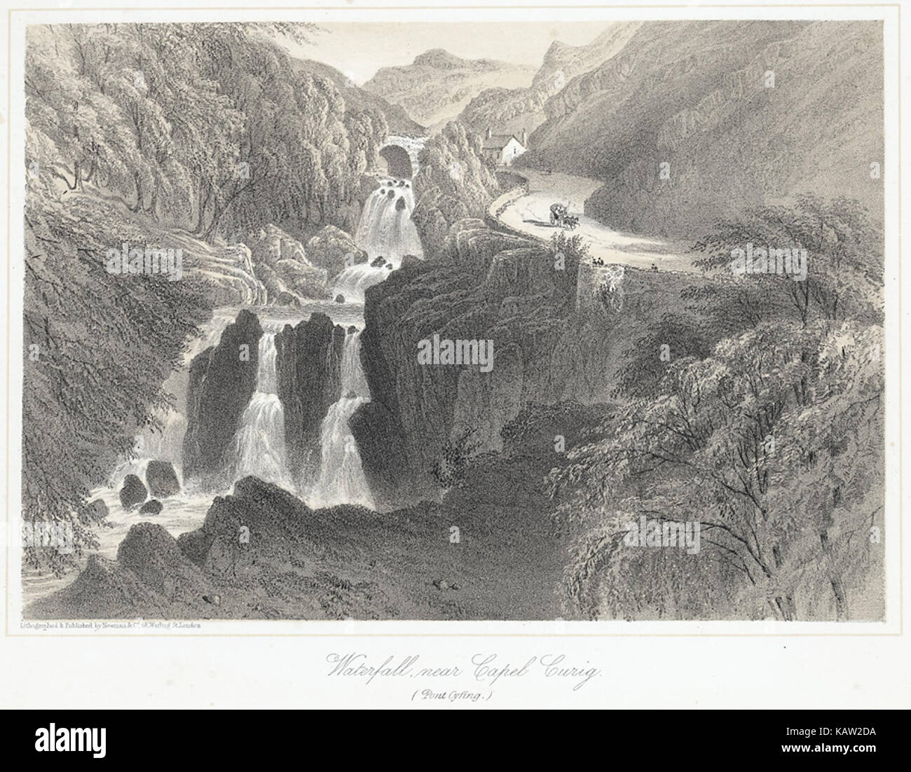 This image shows a scenic view of a waterfall near Capel Curig ...