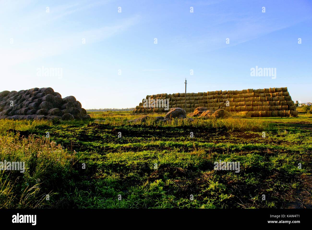 The pyramid is composed of hay balls in the rays of sunset Stock Photo ...