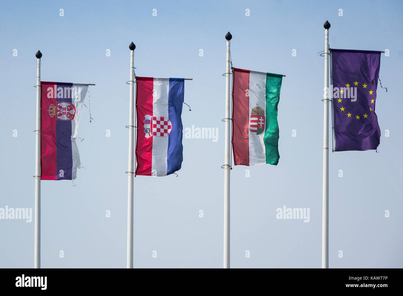 Hungary, Mohacs, river Danube border crossing point, flags of the ...