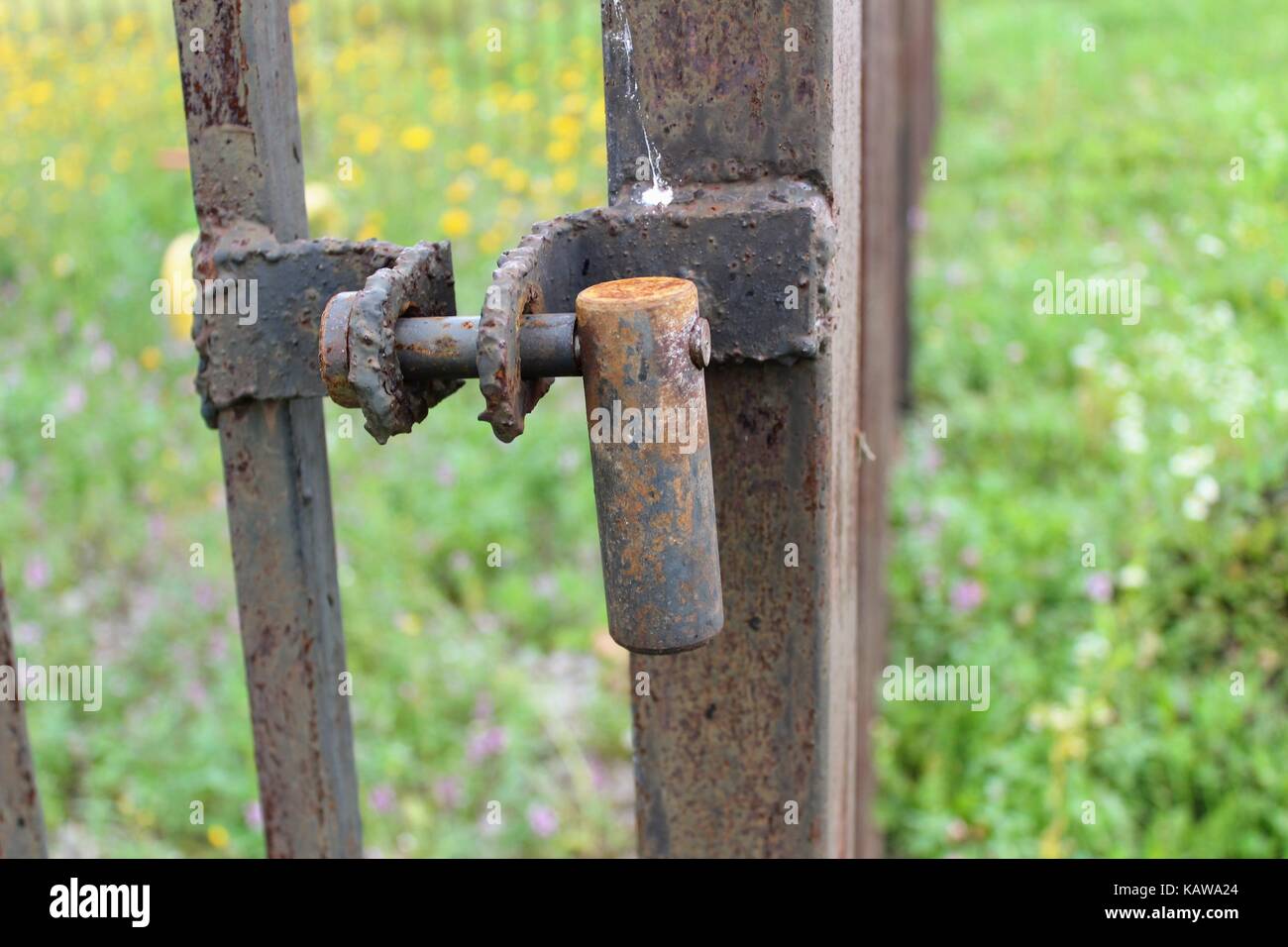 Rusty lock of unusual design hanging on the iron gate Stock Photo - Alamy