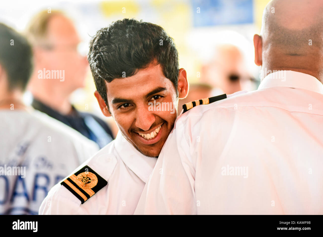 Szczecin, Poland, 6 august 2017: Shabab Oman II crew during a tour of ...