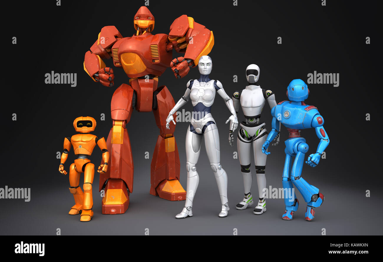 Group of robots. 3D illustration Stock Photo - Alamy