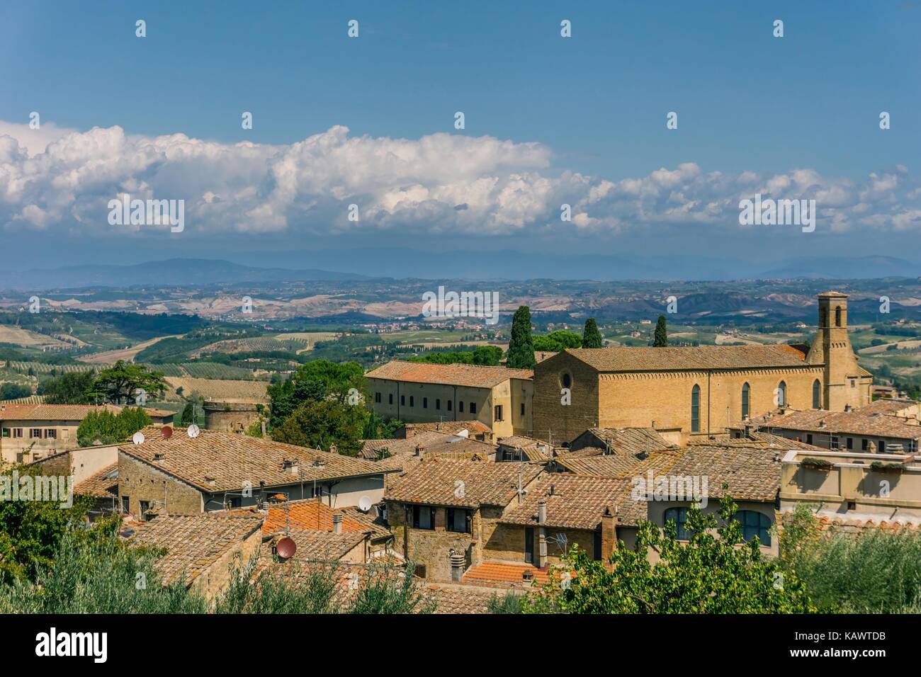 Horizontal photo into Tuscany landscape in Italy. Few historic ...