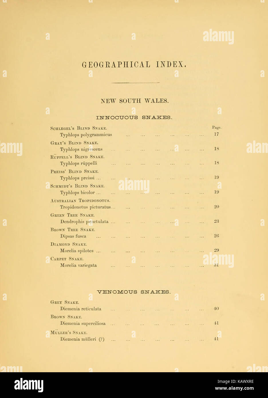 The snakes of Australia (Geographical Index, Page ix) BHL3678037 Stock ...