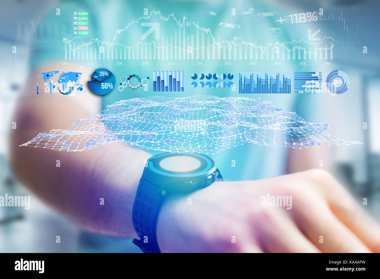View of a Trading forex data interface on a futuristic smartwatch ...