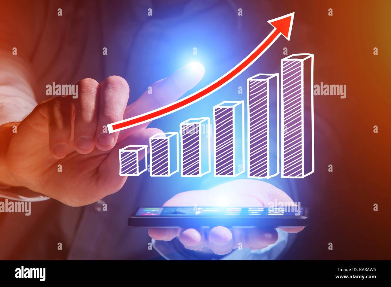 Concept view of business graph icon flying out a smartphone - technology concept Stock Photo - Alamy