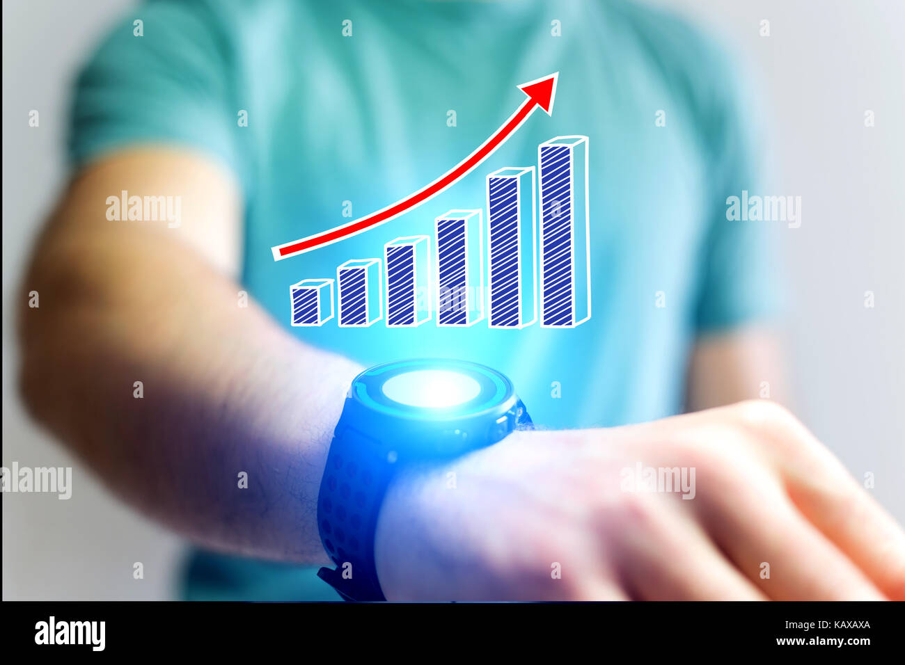 Concept view of business graph icon flying out a smartwatch ...