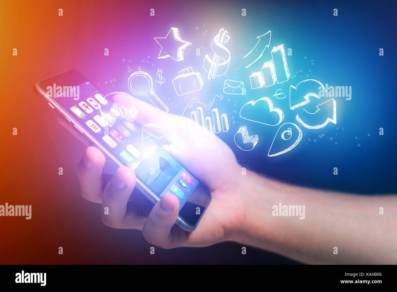 Concept view of business hand drawn icon flying out a smartphone - Technology concept Stock ...