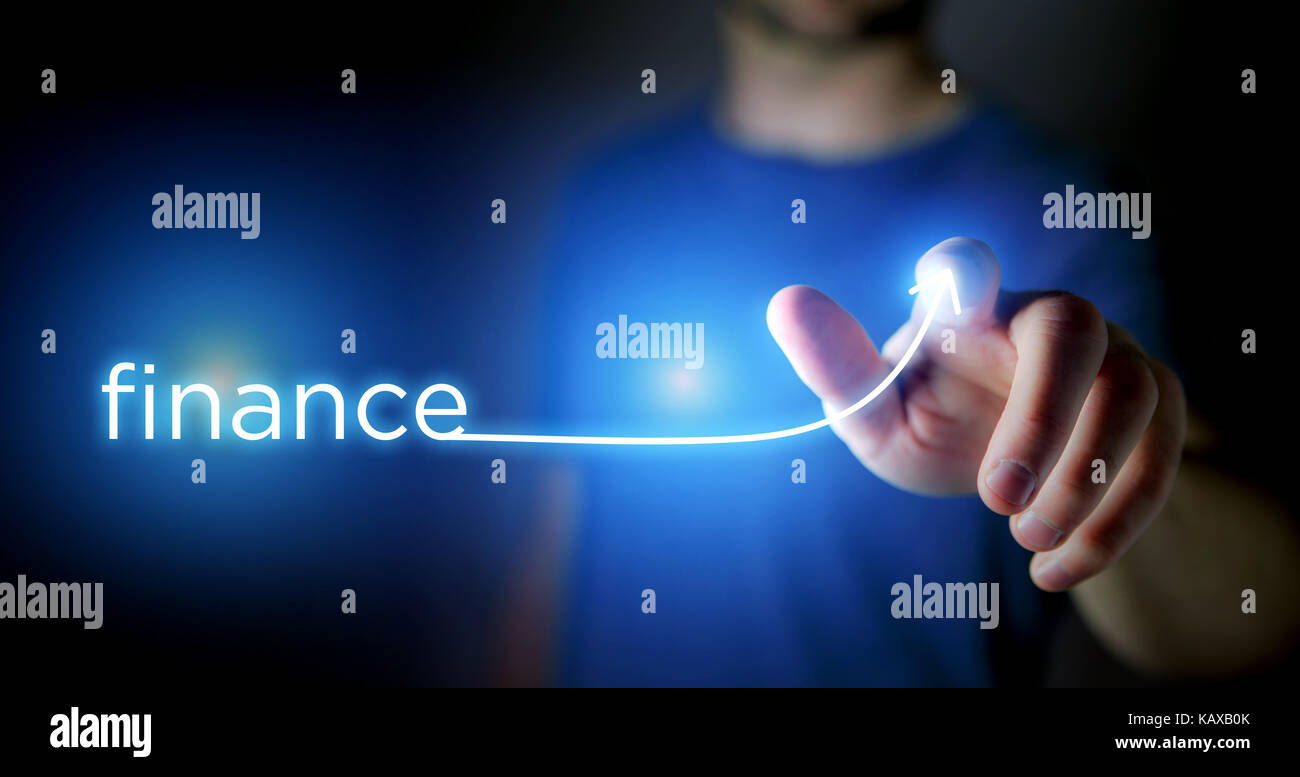 Concept view of man touching arrow going up on a technology interface ...