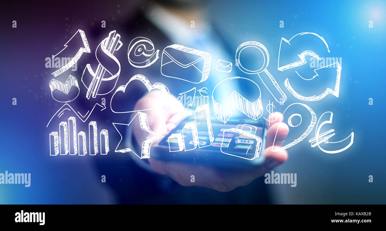 Concept view of business hand drawn icon flying out a smartphone - Technology concept Stock ...