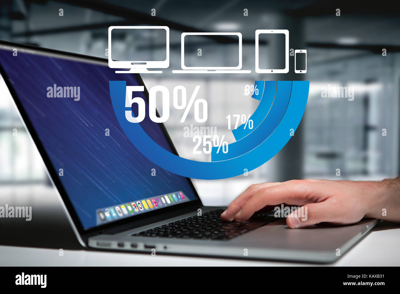 View of Blue survey graph interface with business theme going out a ...