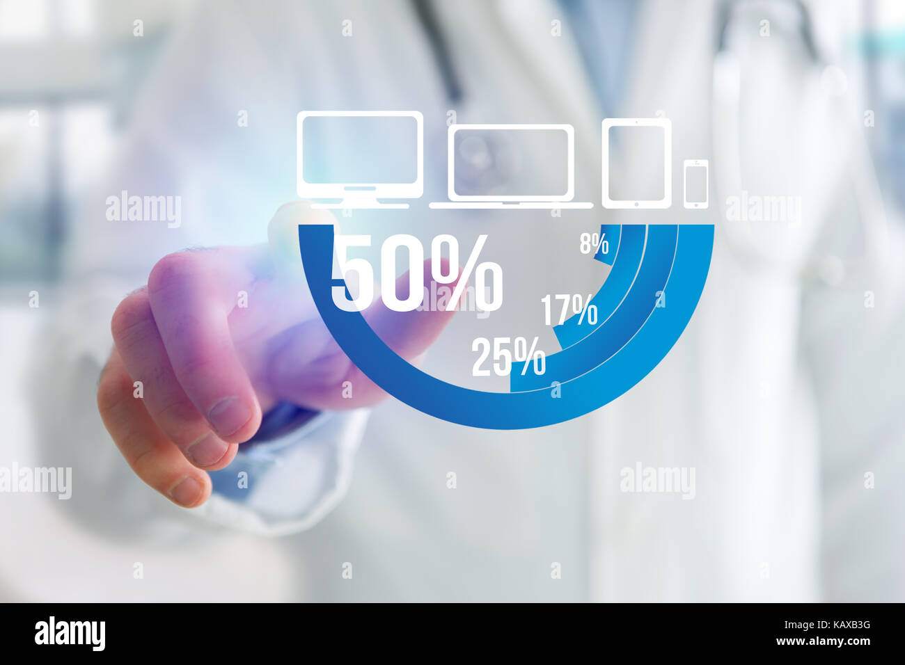 View of a Finger of a man pointing on a blue survey graph interface ...