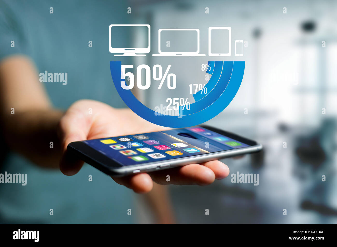 View of Blue survey graph interface with business theme going out a ...