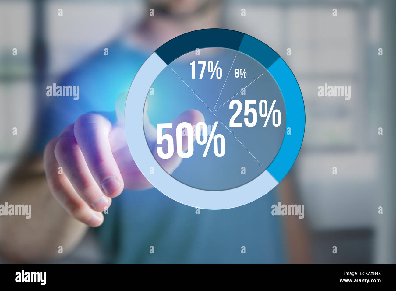 View of a Finger of a man pointing on a blue survey graph interface ...