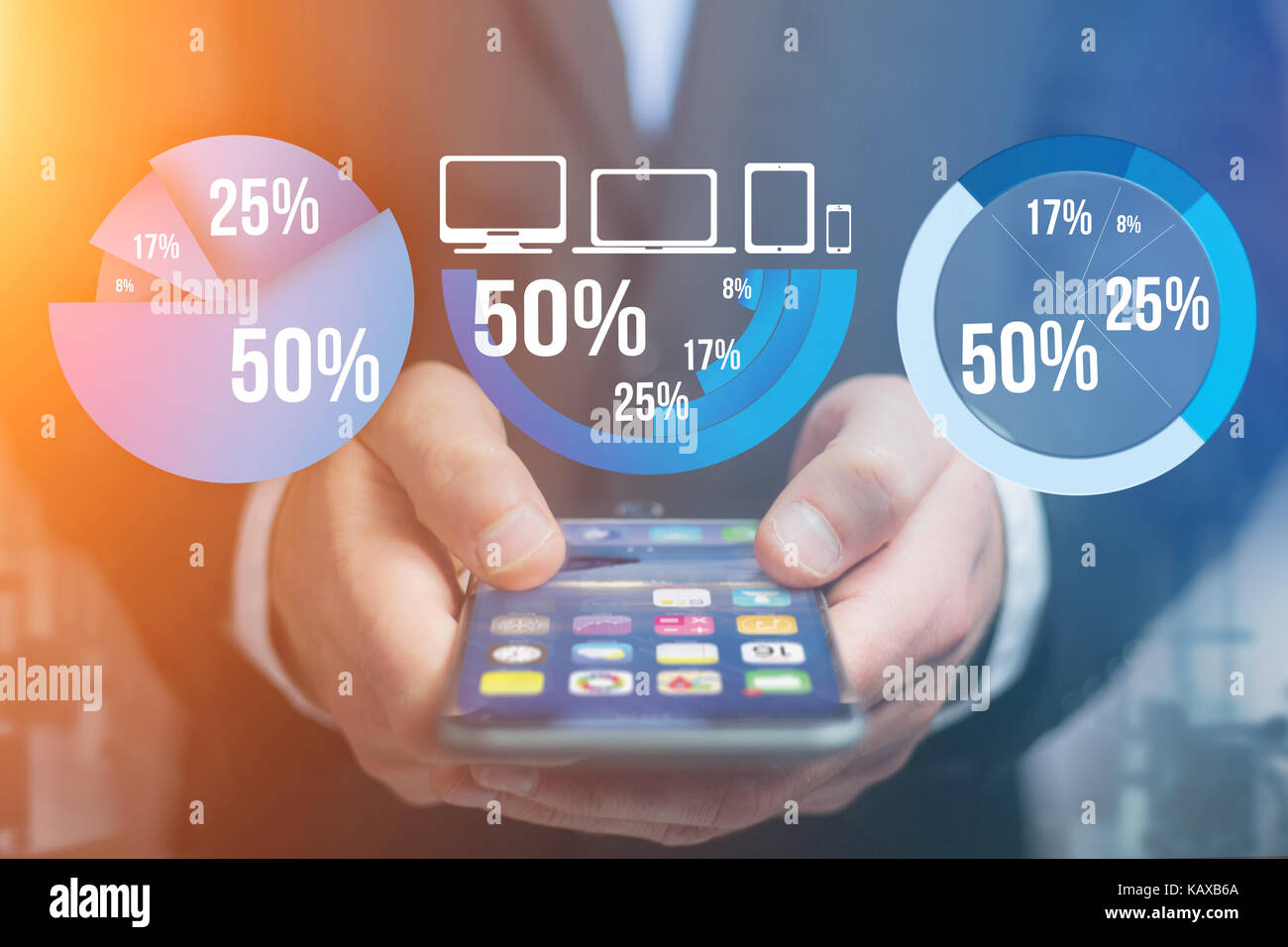 View of Blue survey graph interface with business theme going out a ...