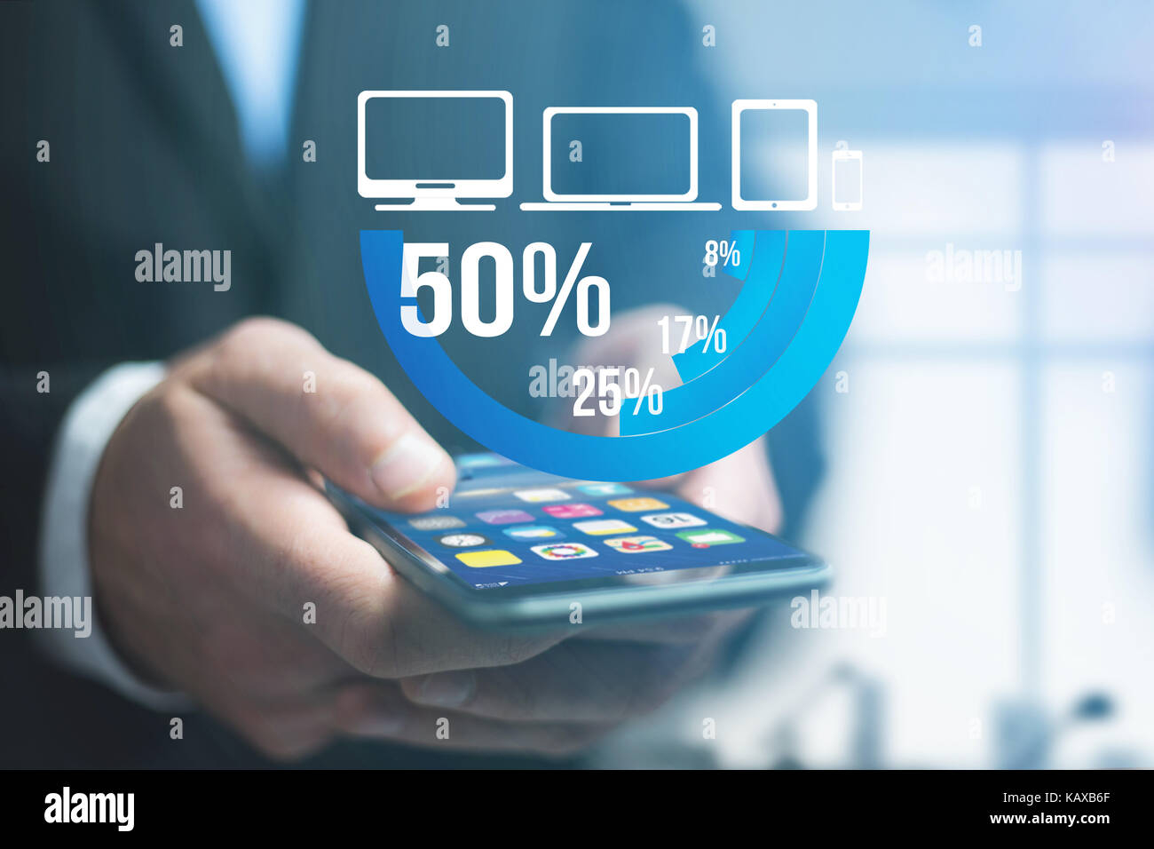 View of Blue survey graph interface with business theme going out a ...