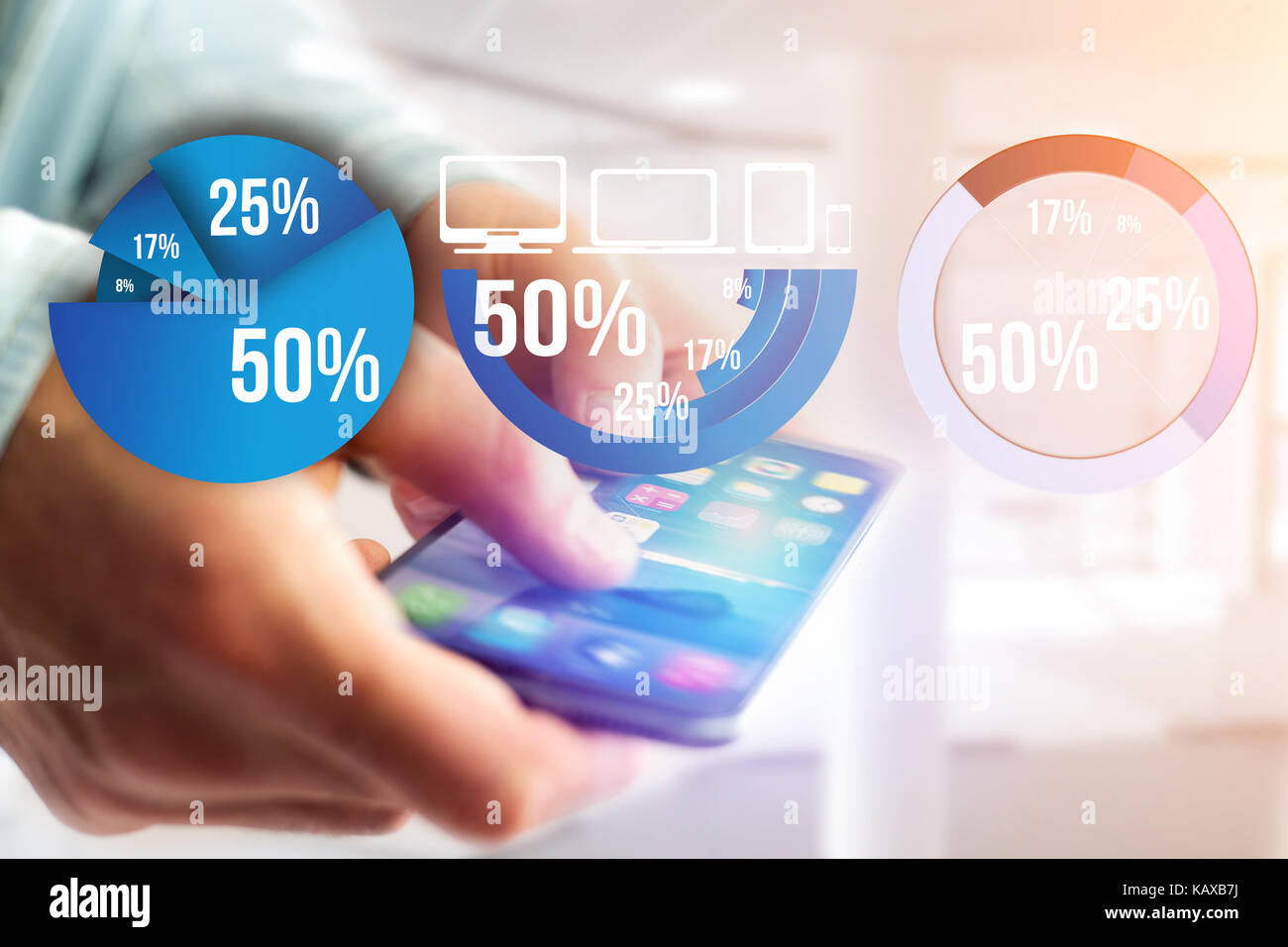 View of Blue survey graph interface with business theme going out a ...