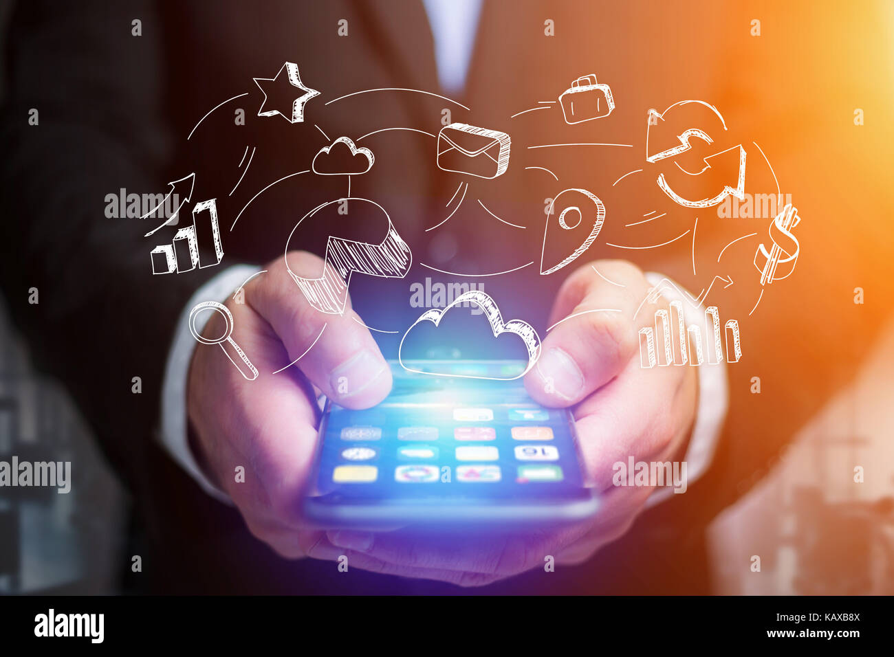 View of Hand drawn business icon going out a smartphone interface of a ...