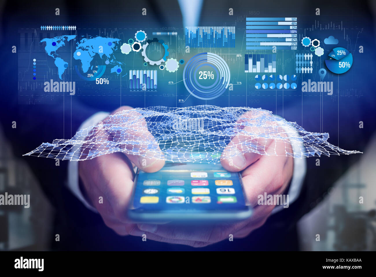 View of a Business stats displayed as graph and chart on a futuristic ...