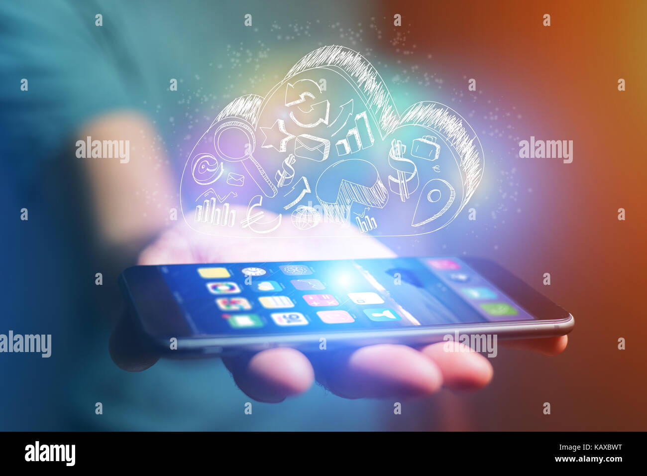 Concept view of cloud storage icon flying out a smartphone - technology concept Stock Photo - Alamy
