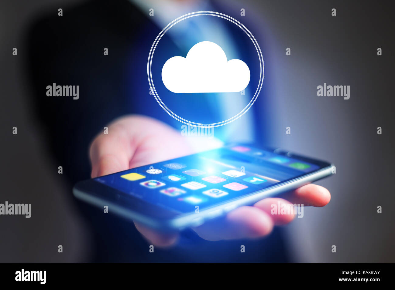 Concept view of cloud storage icon flying out a smartphone - technology concept Stock Photo - Alamy