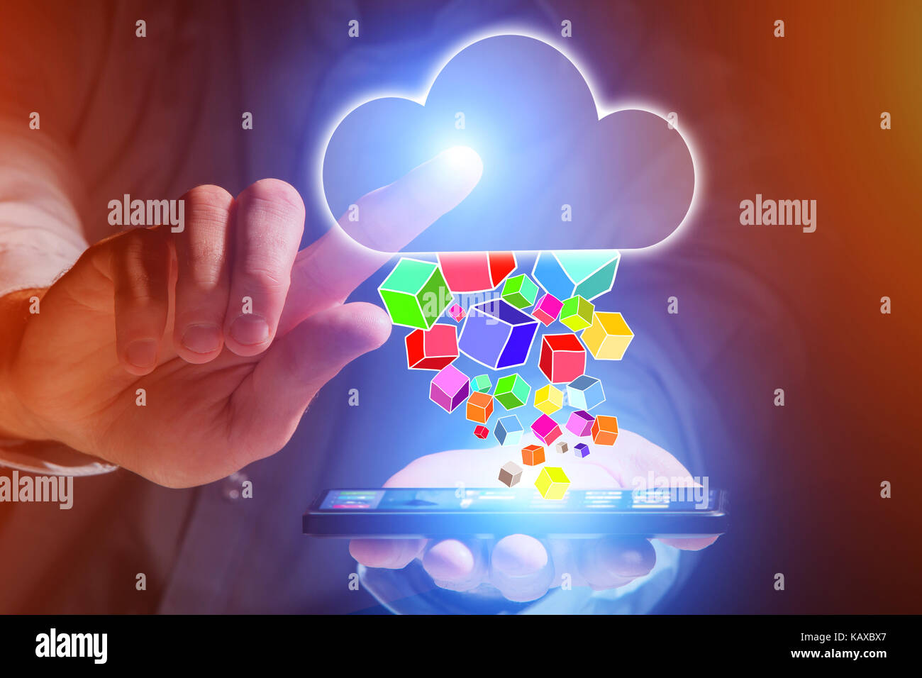 Concept view of cloud storage icon flying out a smartphone - technology concept Stock Photo - Alamy