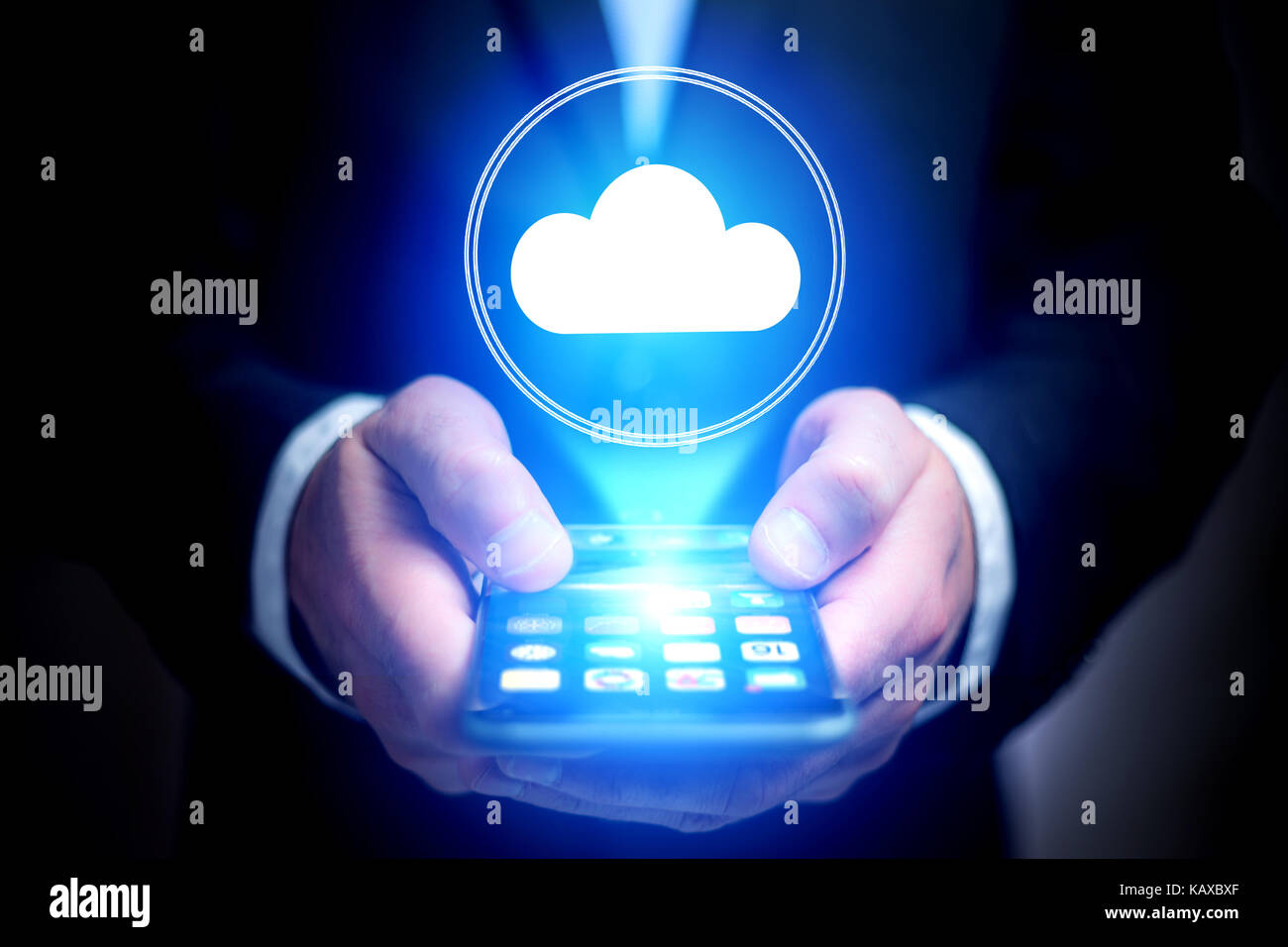 Concept view of cloud storage icon flying out a smartphone - technology concept Stock Photo - Alamy