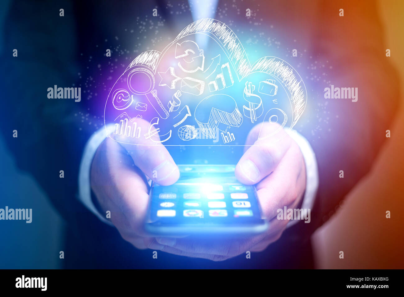 Concept view of cloud storage icon flying out a smartphone - technology concept Stock Photo - Alamy