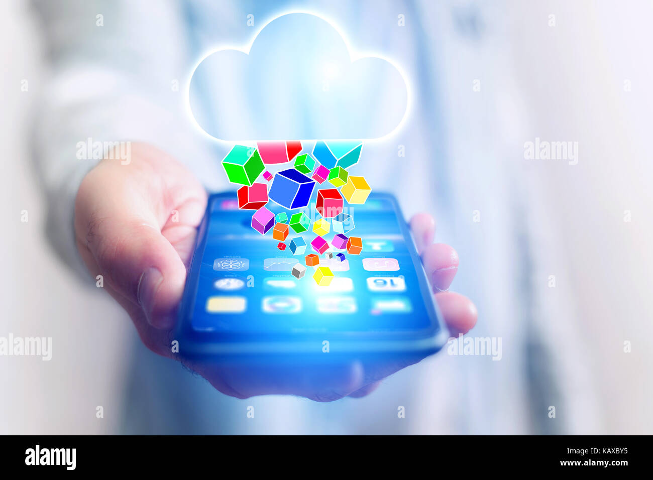 Concept view of cloud storage icon flying out a smartphone - technology concept Stock Photo - Alamy