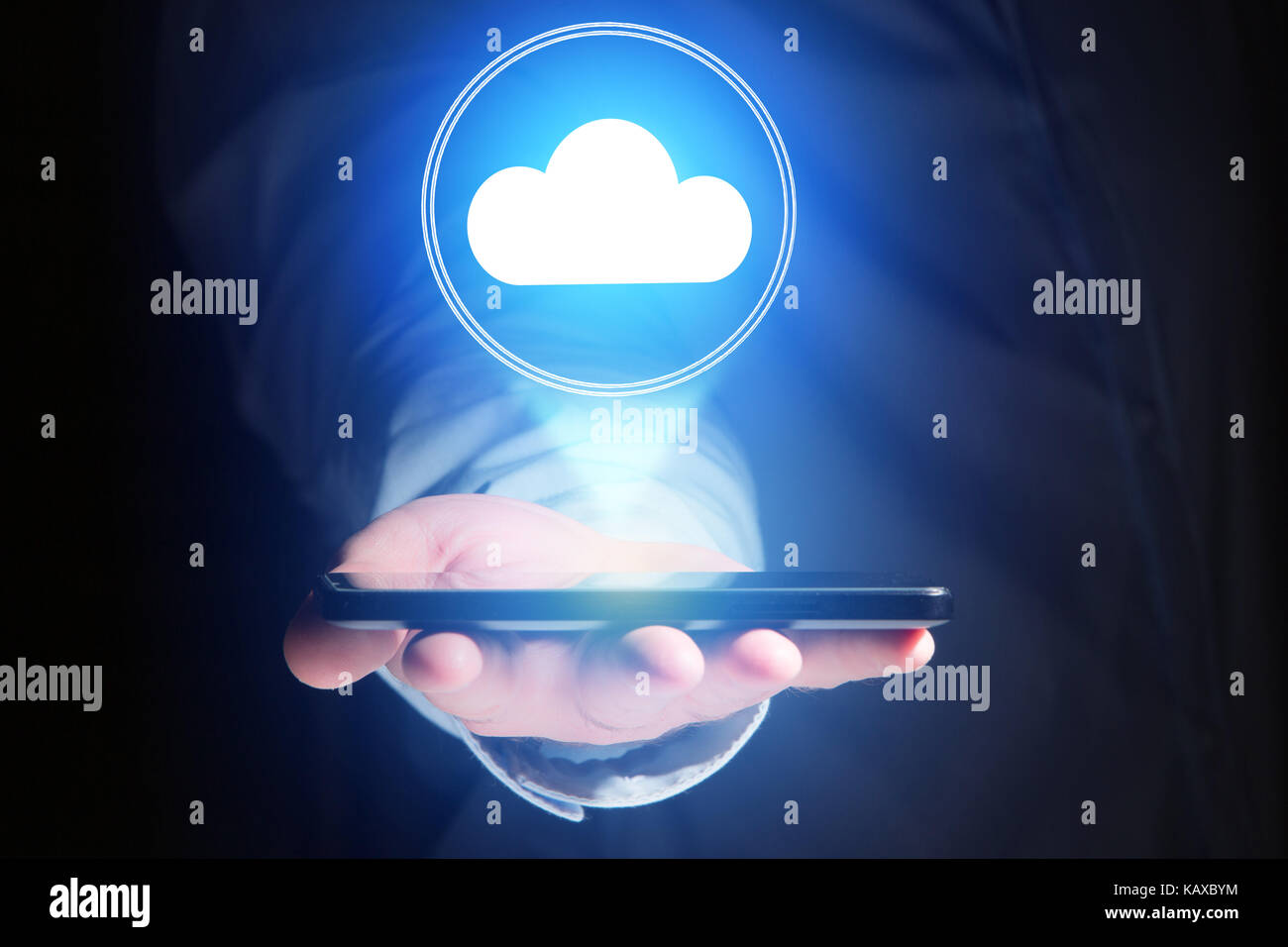 Concept view of cloud storage icon flying out a smartphone - technology concept Stock Photo - Alamy