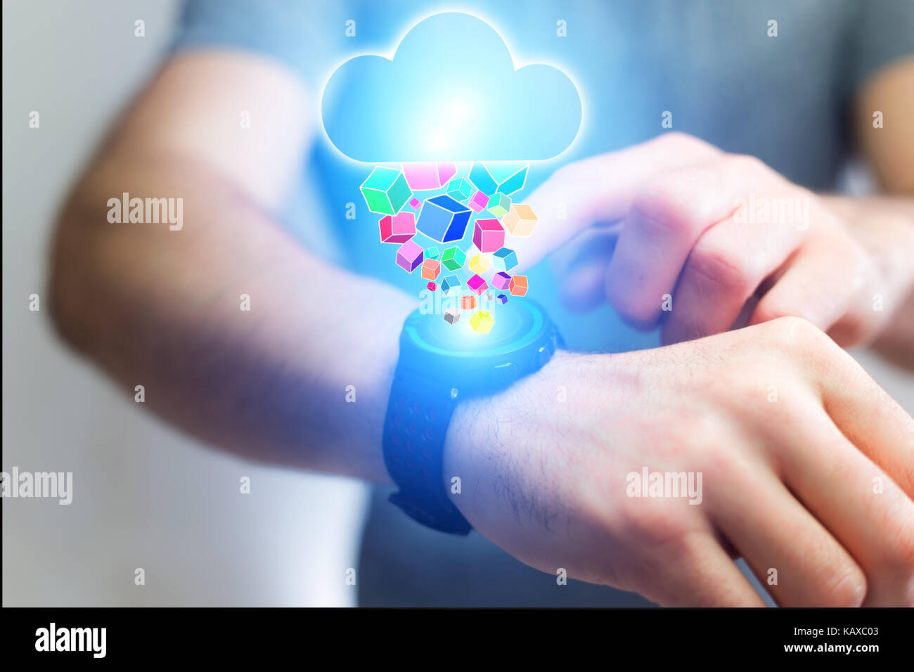 Concept view of cloud storage icon flying out a smartphone - technology concept Stock Photo - Alamy