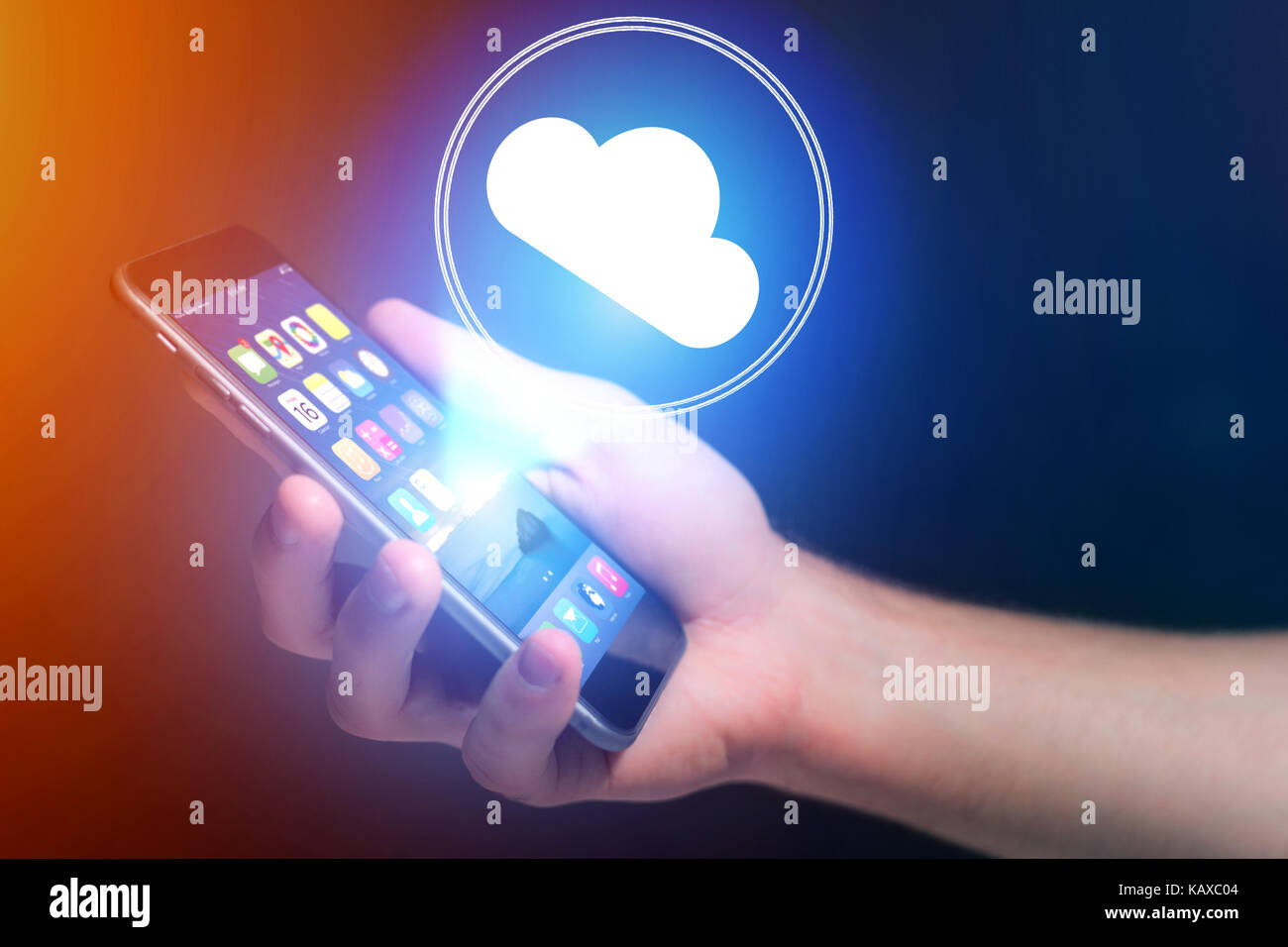 Concept view of cloud storage icon flying out a smartphone - technology concept Stock Photo - Alamy