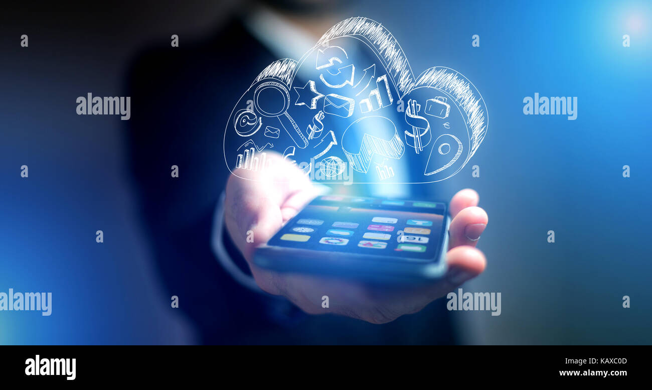 Concept view of cloud storage icon flying out a smartphone - technology concept Stock Photo - Alamy