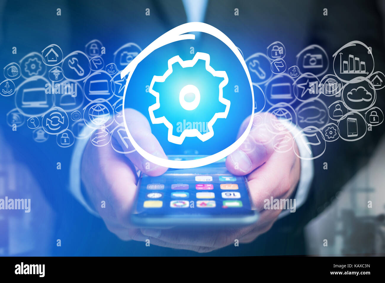 View of a Cog wheel icon going out a smartphone interface - technology ...