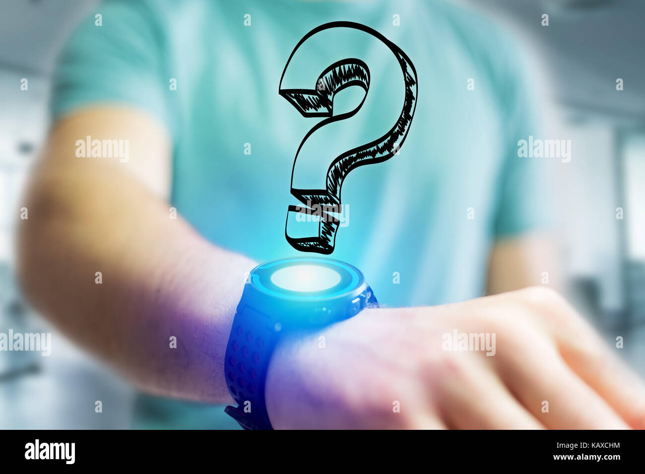 View of Hand drawn question mark icon going out a smartwatch interface ...