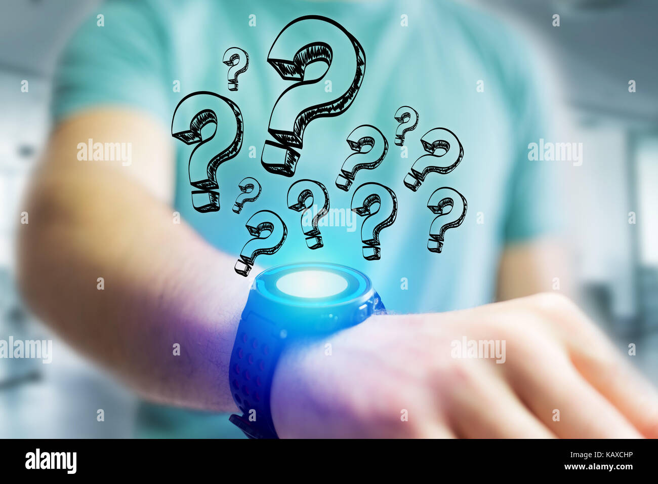 View of Hand drawn question mark icon going out a smartwatch interface ...